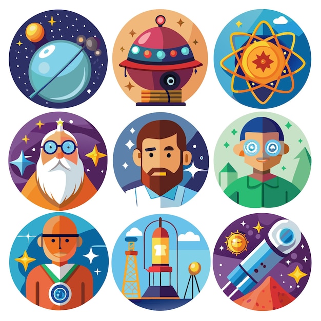 Conjunto de nueve iconos de ciencia y astronomía con un diseño plano ... Conjunto de nueve iconos de ciencia y astronomía con un diseño plano ...