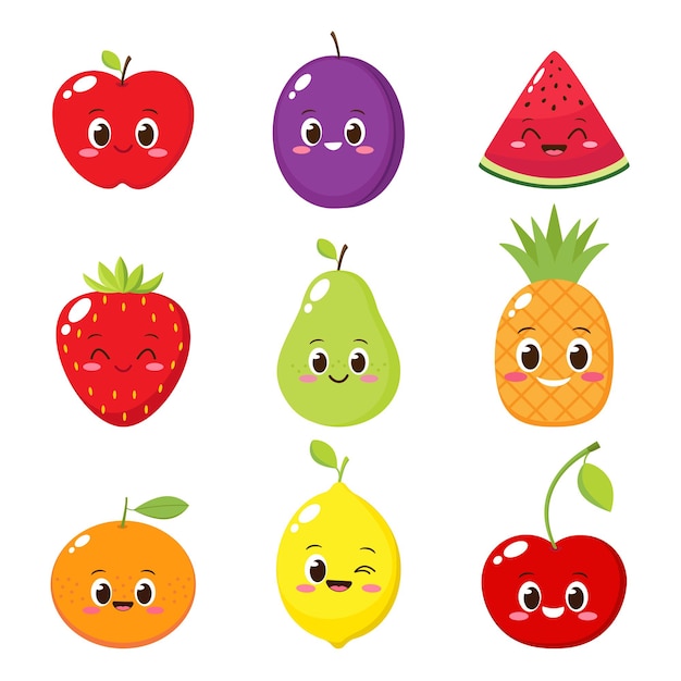 Lindos Personajes De Frutas Para Niños Con Divertidas Caras Sonrientes