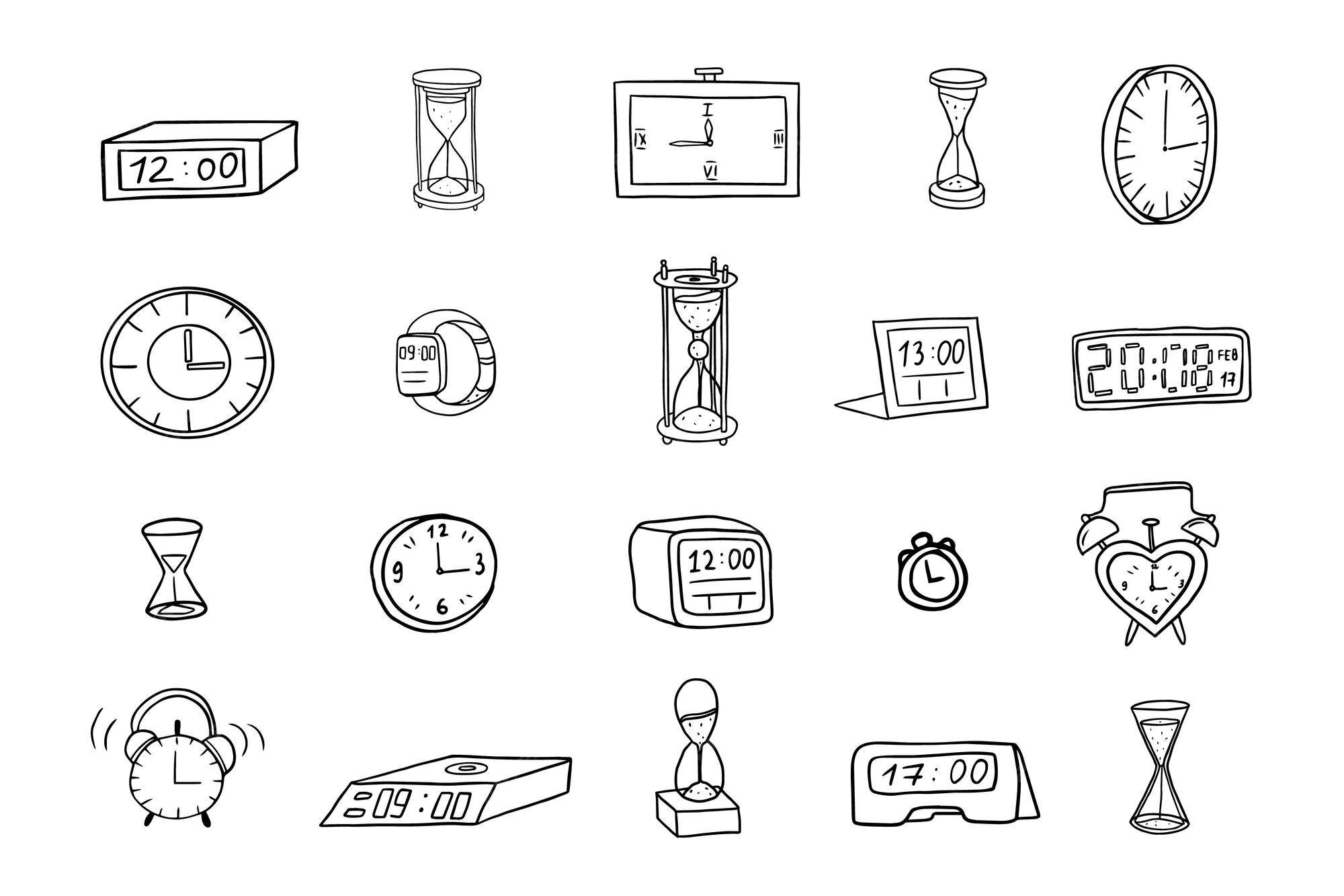 Conjunto De Reloj En Doodle Reloj De Pulsera Reloj Reloj De Arena Alarma Reloj Redondo Reloj