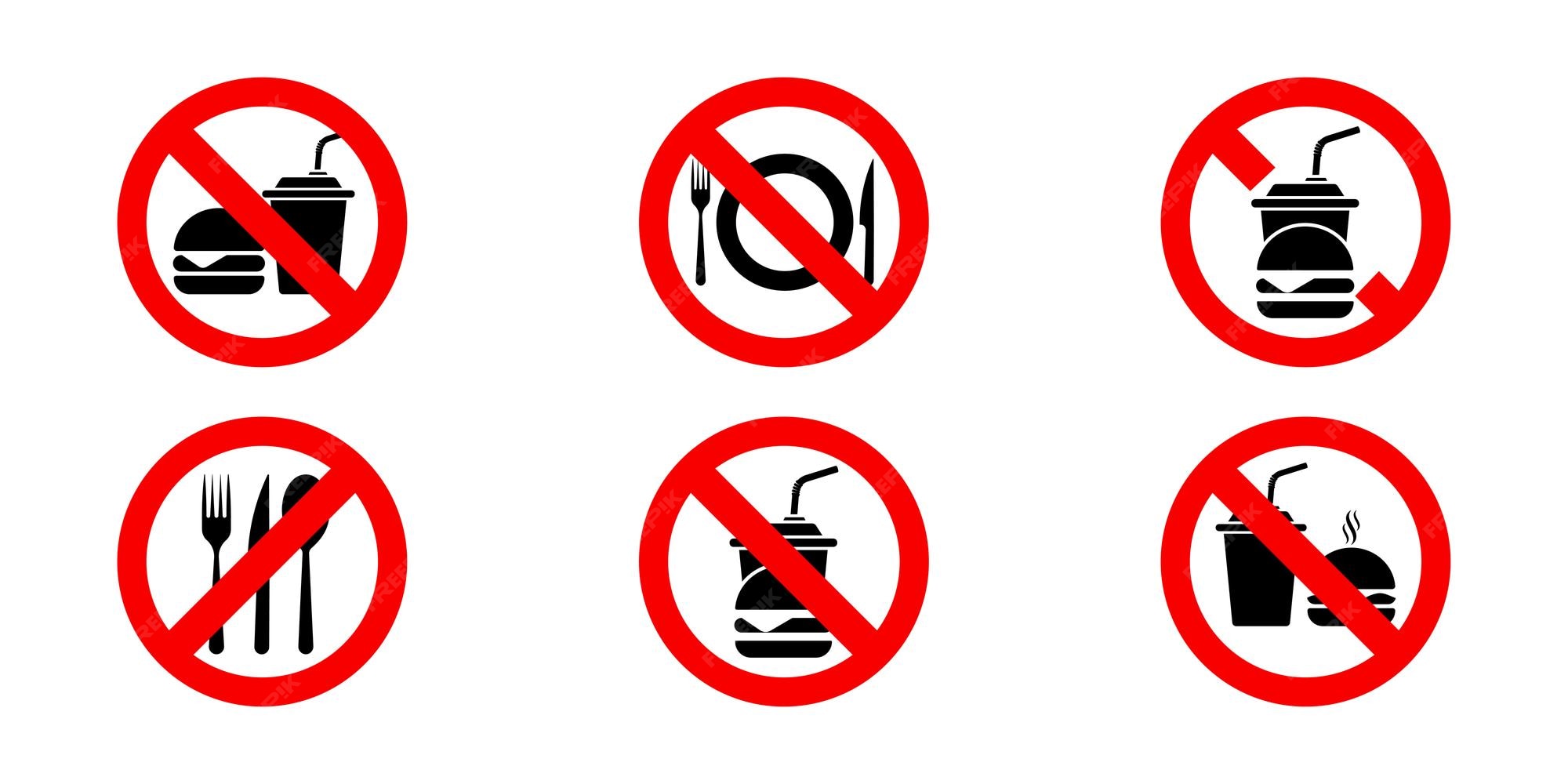 Conjunto De Signos De Vector De No Alimentos Prohibición Roja O Pegatina Prohibida Sin Comer Ni