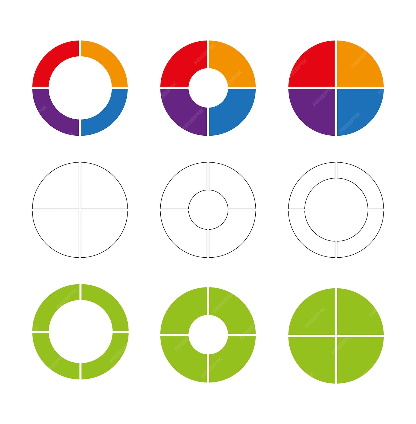 Conjunto vectorial de cuatro partes de un gráfico circular circular con ... Conjunto vectorial de cuatro partes de un gráfico circular circular con ...