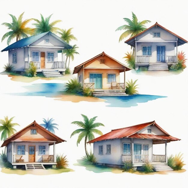 Un dibujo de una casa con palmeras y un techo rojo | Vector Premium ... Un dibujo de una casa con palmeras y un techo rojo | Vector Premium ...