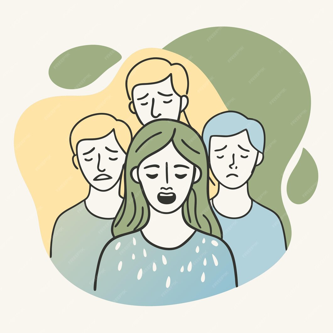 Un Dibujo De Una Mujer Con Una Cara Triste Y Otras Tres Vector Premium