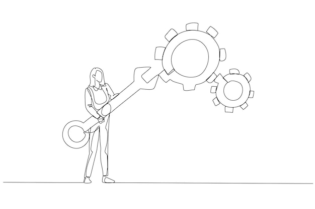 Dibujo de una mujer de negocios sosteniendo una llave para ajustar las ... Dibujo de una mujer de negocios sosteniendo una llave para ajustar las ...
