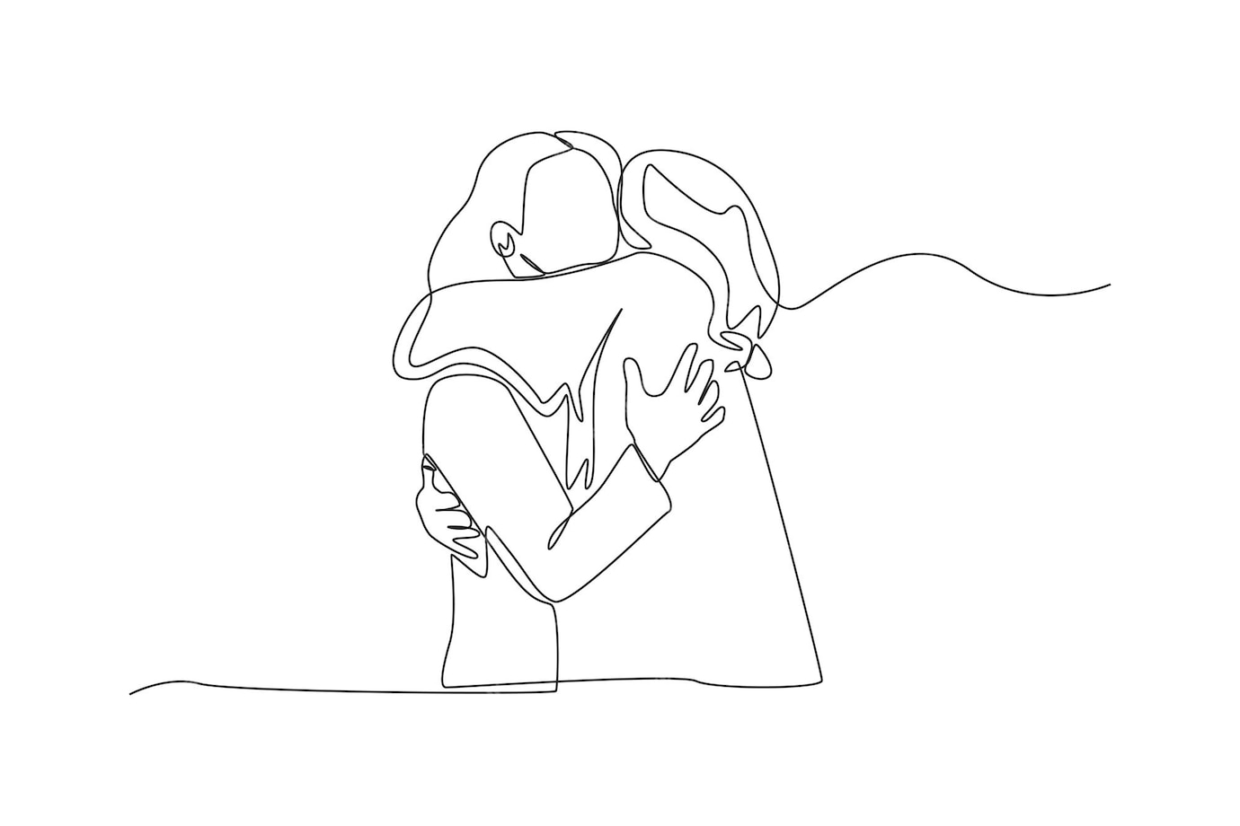 Dibujo de una sola línea de las mujeres abrazándose por una señal de ... Dibujo de una sola línea de las mujeres abrazándose por una señal de ...