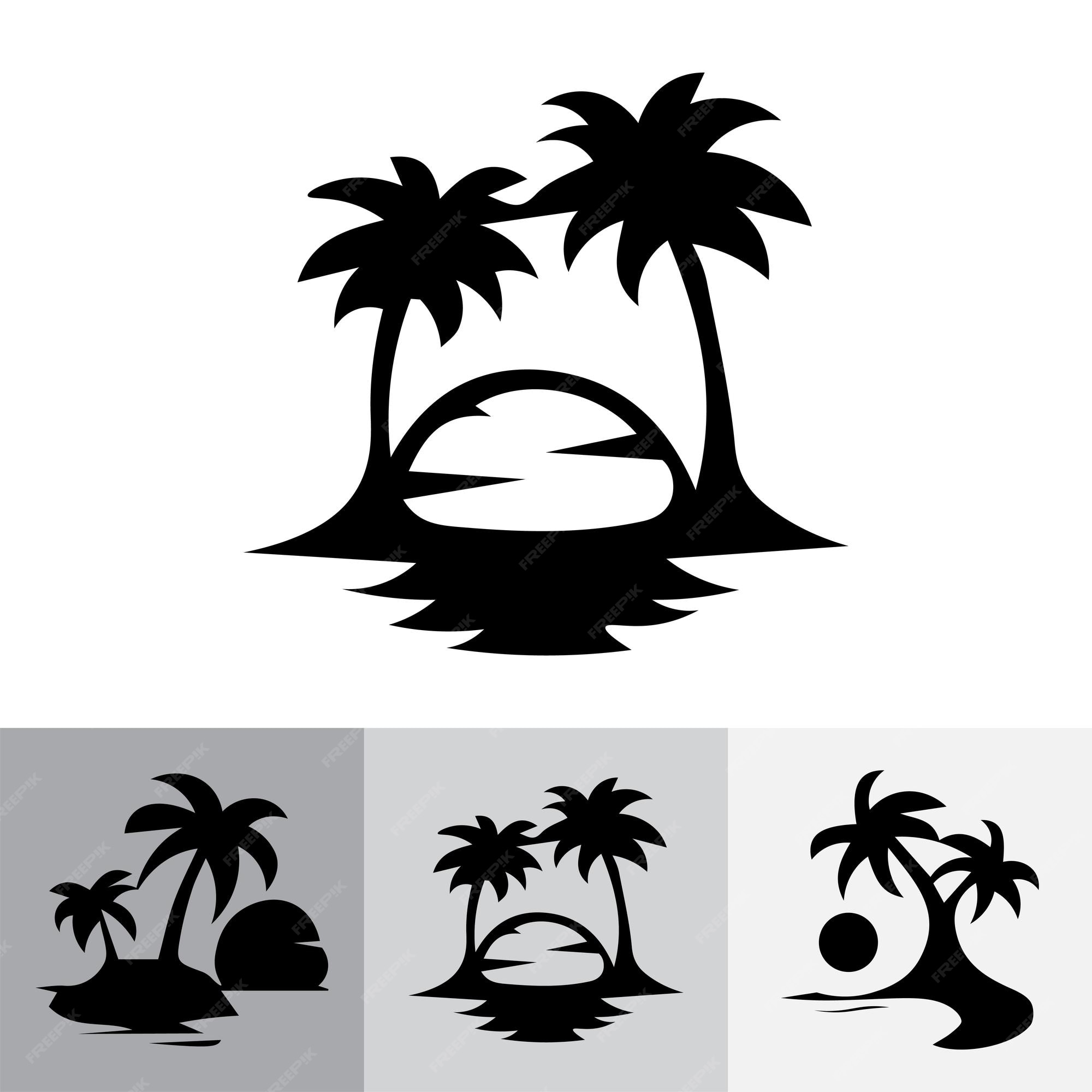Diseño De Vector De Silueta De Silueta De Isla Y Puesta De Sol Vector Premium