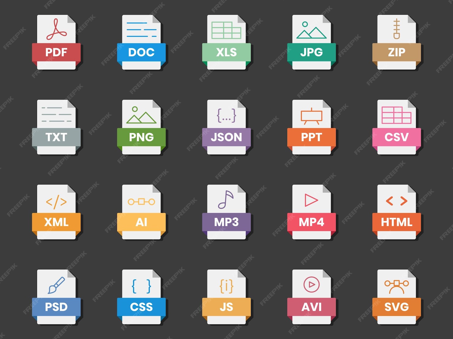 Documento formato de archivo carpeta pdf doc xls jpg zip txt png json ppt csv xml ai mp3 mp4 ...