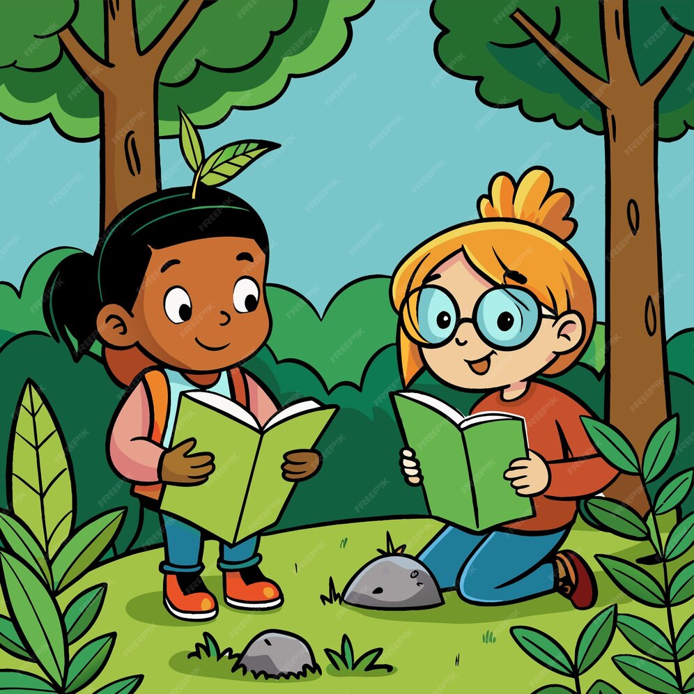 Dos niños leyendo un libro en el bosque | Vector Premium Dos niños leyendo un libro en el bosque | Vector Premium