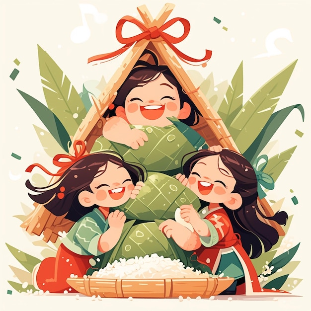 Las familias se reúnen para hacer arroz pegajoso Zongzi | Vector Premium Las familias se reúnen para hacer arroz pegajoso Zongzi | Vector Premium