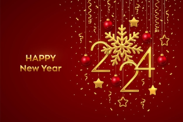 Feliz año nuevo 2024 colgando números metálicos dorados 2024 con copo ... Feliz año nuevo 2024 colgando números metálicos dorados 2024 con copo ...