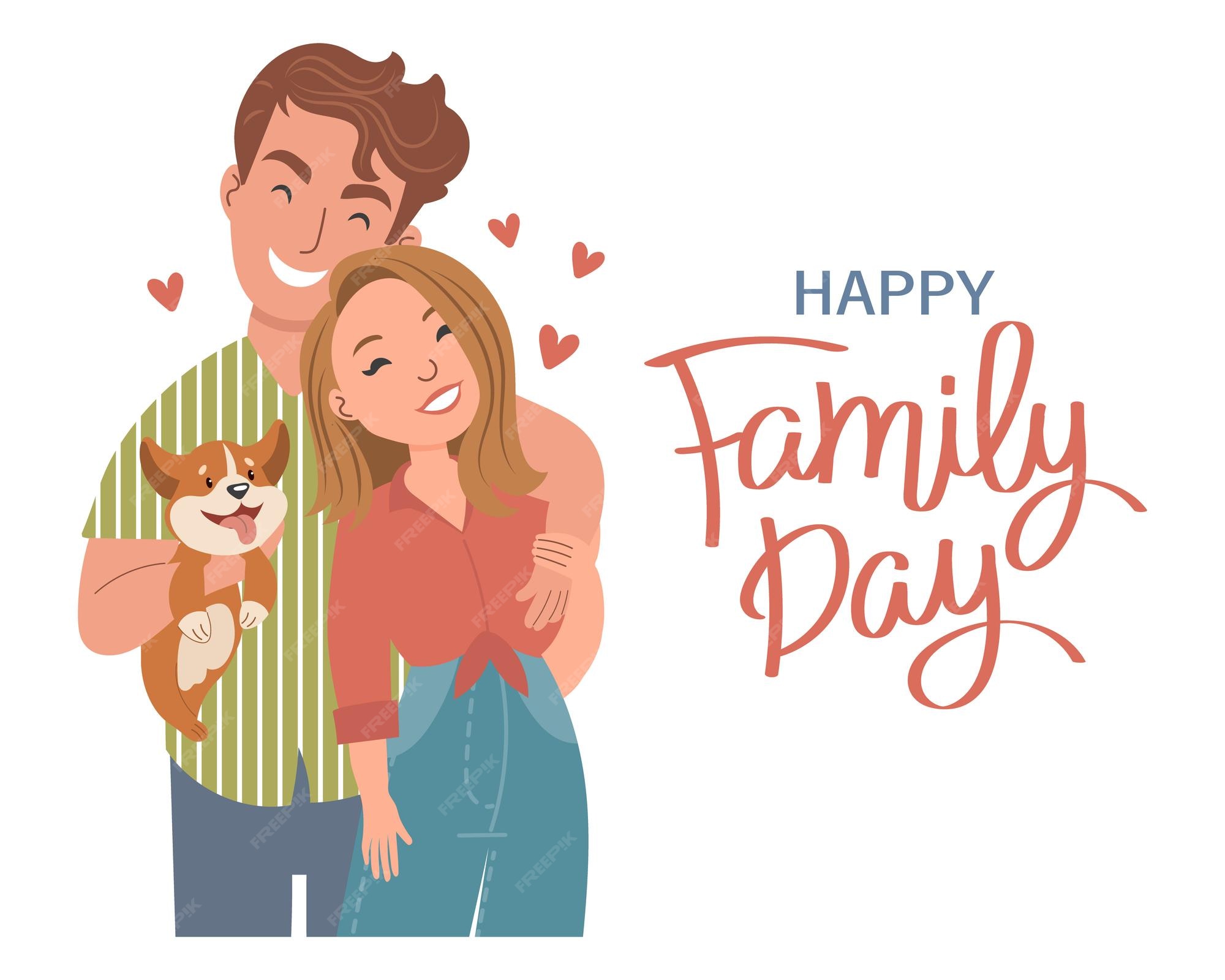 Feliz Día De La Familia Lindos Padres De Familia Con Niños Y Letras Cartel Banner Tarjeta De
