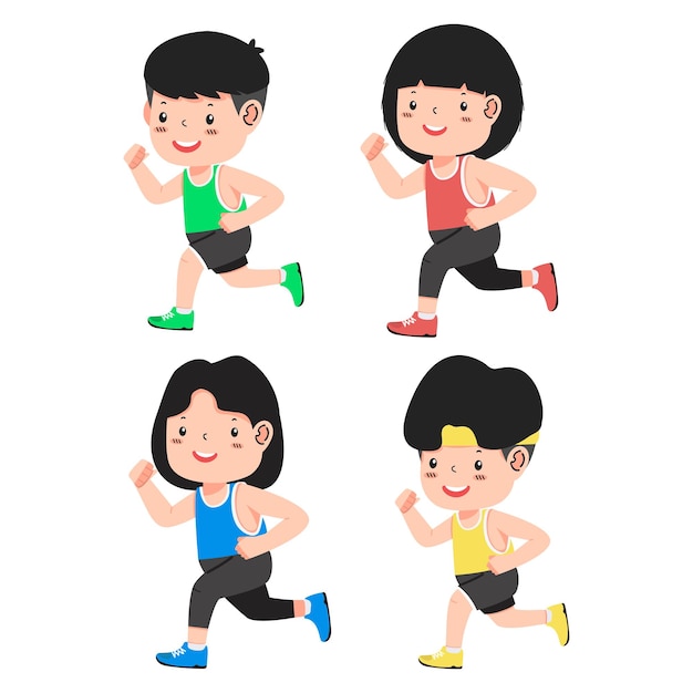 Gente Feliz Trotando En Una Carrera De Maratón Vector Premium