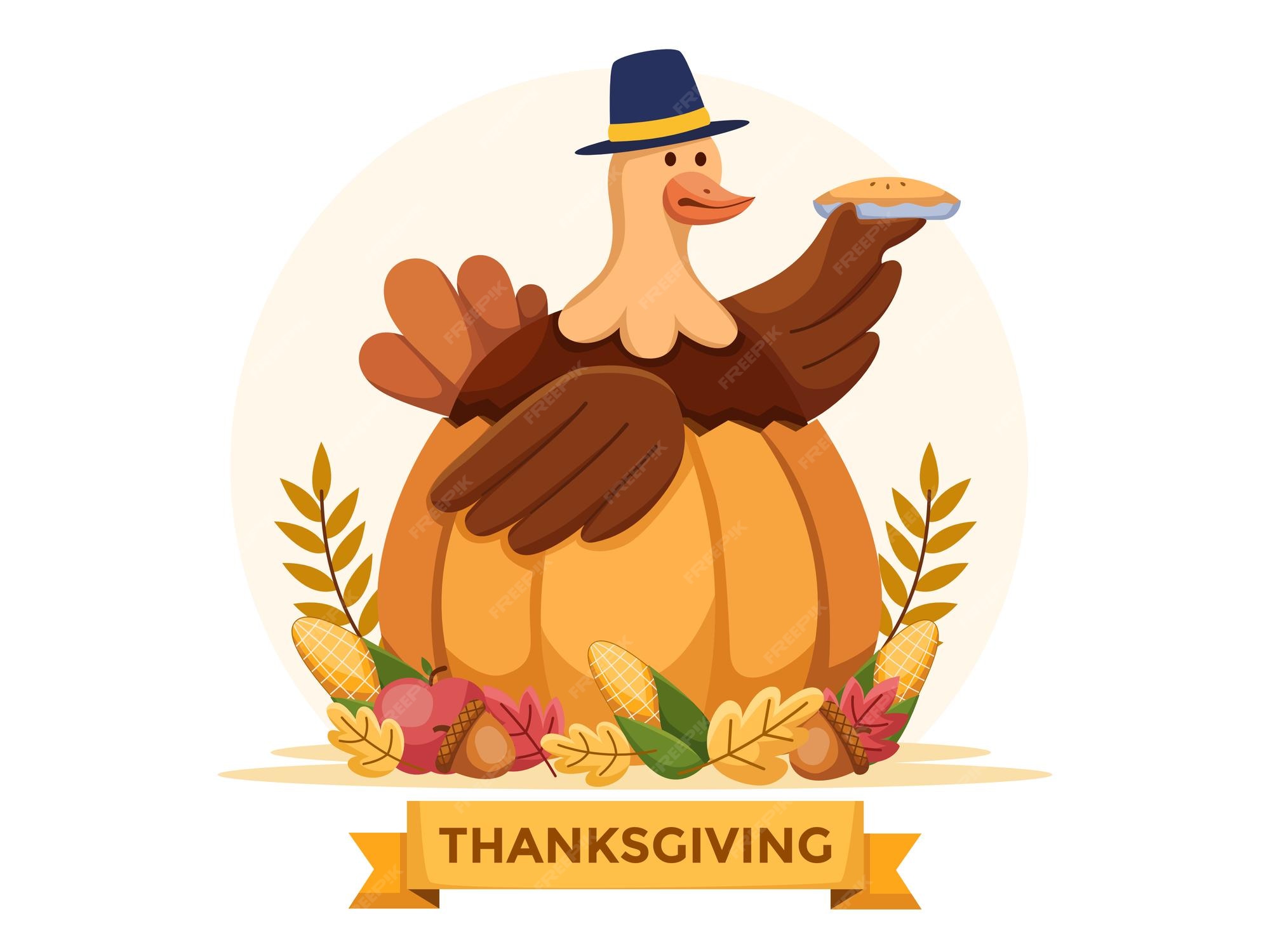 Ilustración De Dibujos Animados De Acción De Gracias Con Pavo En Calabaza Vector Premium