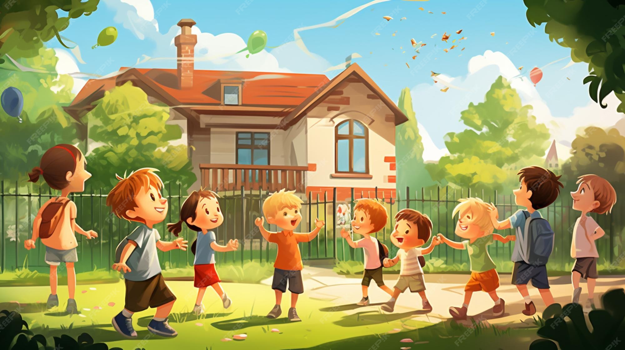 Una Ilustración De Dibujos Animados De Una Familia Jugando Frente A Una Casa Con Una Casa En El