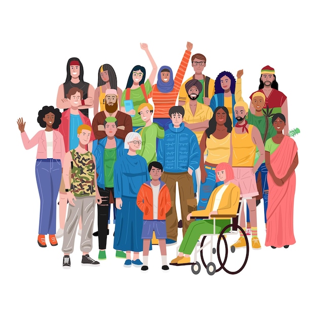 Ilustración de un grupo de personas diversas multiétnicas de pie ... Ilustración de un grupo de personas diversas multiétnicas de pie ...