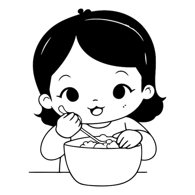 Ilustración De Una Niña Linda Comiendo Un Plato De Comida Vector Premium