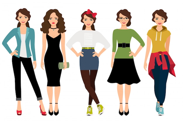 Ilustración de vector de estilos de moda de mujer. Modelo femenino en ... Ilustración de vector de estilos de moda de mujer. Modelo femenino en ...
