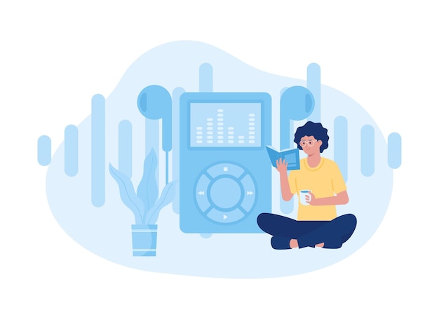 Lea Un Libro Mientras Escucha La Ilustración Plana Del Concepto De Tendencia Musical Vector