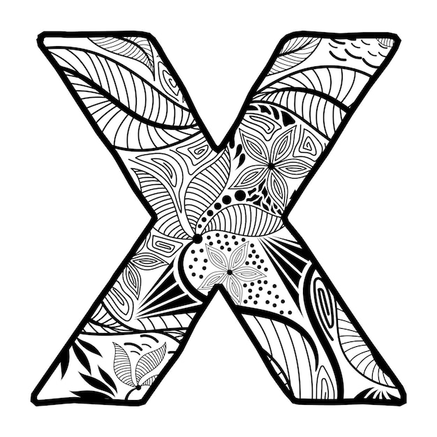 Letra X Mayúscula Dibujada A Mano En Hoja Negra Para Colorear Para Adultos Vector Premium