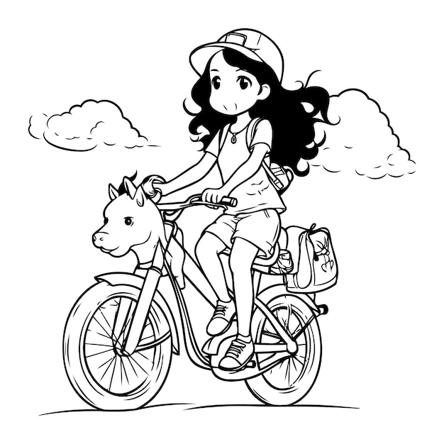 Linda Chica Andando En Bicicleta Con Su Perro Ilustración Vectorial Vector Premium