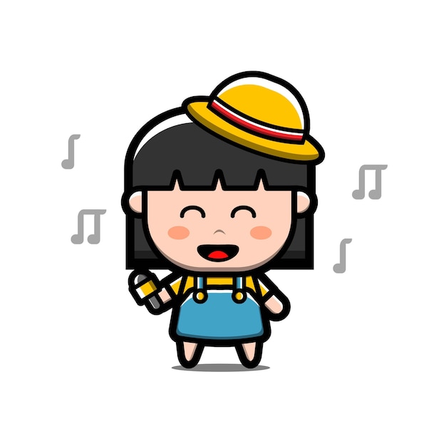 Linda Chica Feliz Canta Personaje De Dibujos Animados Vector Premium
