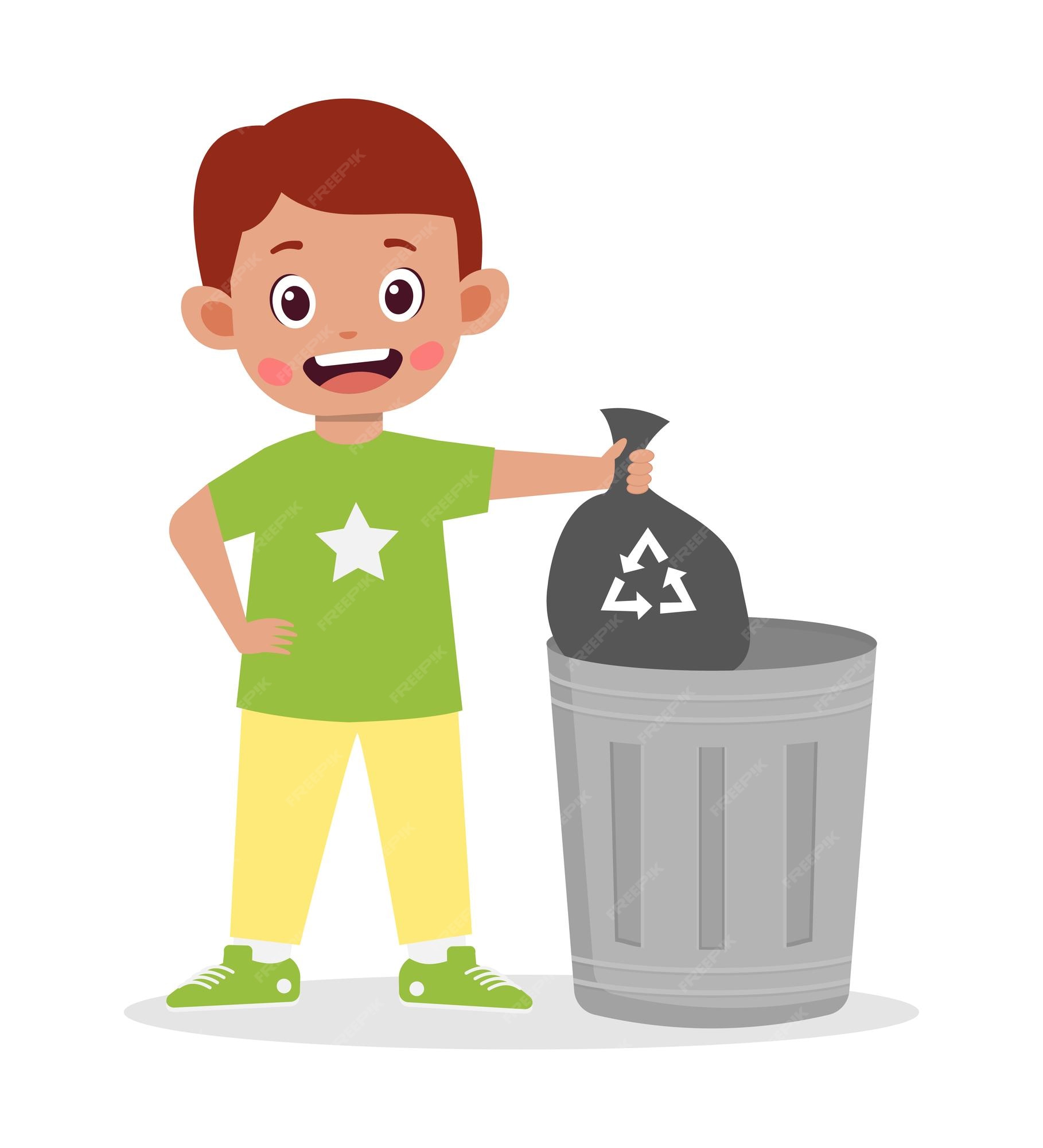 Lindo Niño Pequeño Tirar Basura Ilustración De Dibujos Animados