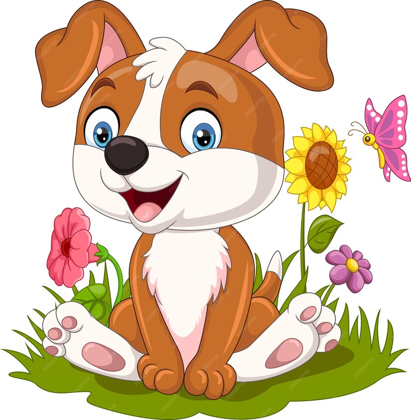 Lindo Perrito De Dibujos Animados Sentado En La Hierba Vector Premium