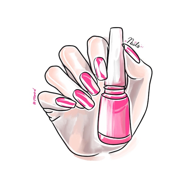 Mano Femenina Con Uñas Largas Sostiene Esmalte De Uñas Diseño De Uñas De Moda Vector Premium