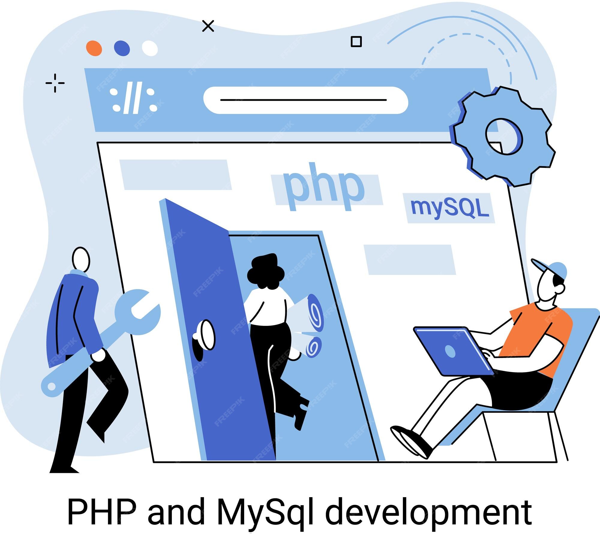 Metáfora de desarrollo de php y mysql desarrollador de sitios web de software con servicio de ...