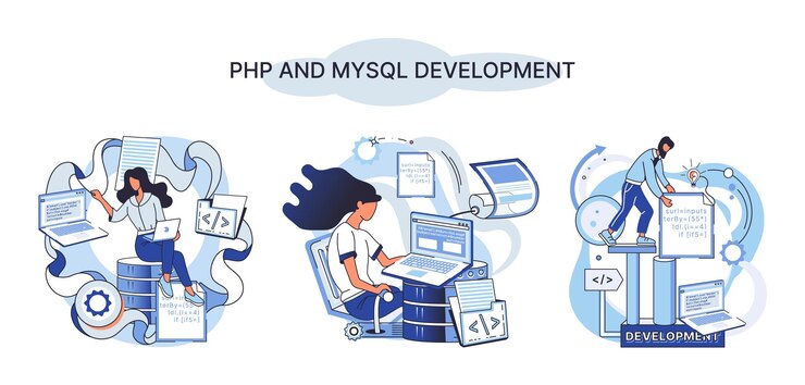 Metáfora de desarrollo de php y mysql desarrollador de sitios web de software con servicio de ...