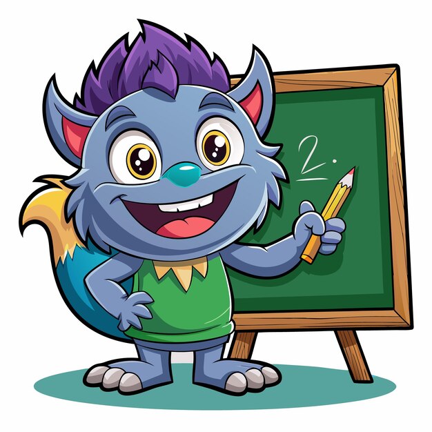 Un monstruo de dibujos animados feliz enseña en una pizarra | Vector ... Un monstruo de dibujos animados feliz enseña en una pizarra | Vector ...