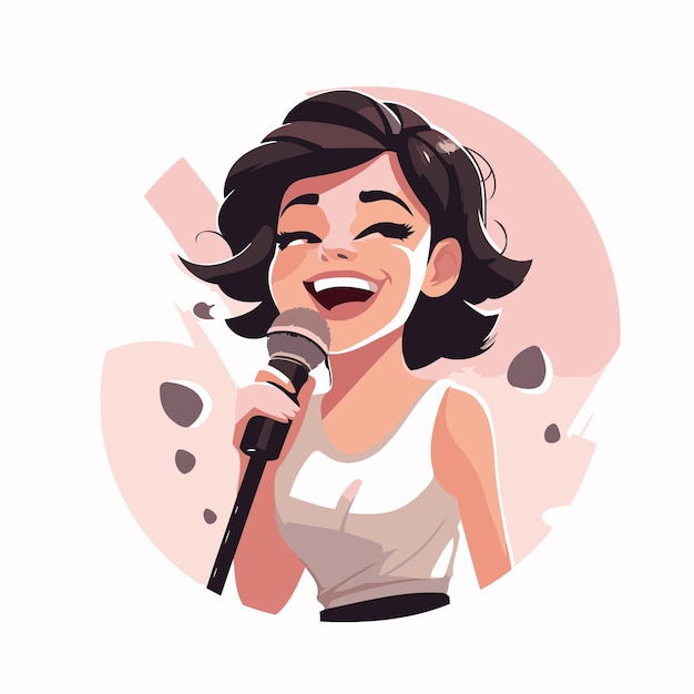 Mujer Joven Cantando Karaoke Ilustración Vectorial Al Estilo De Dibujos