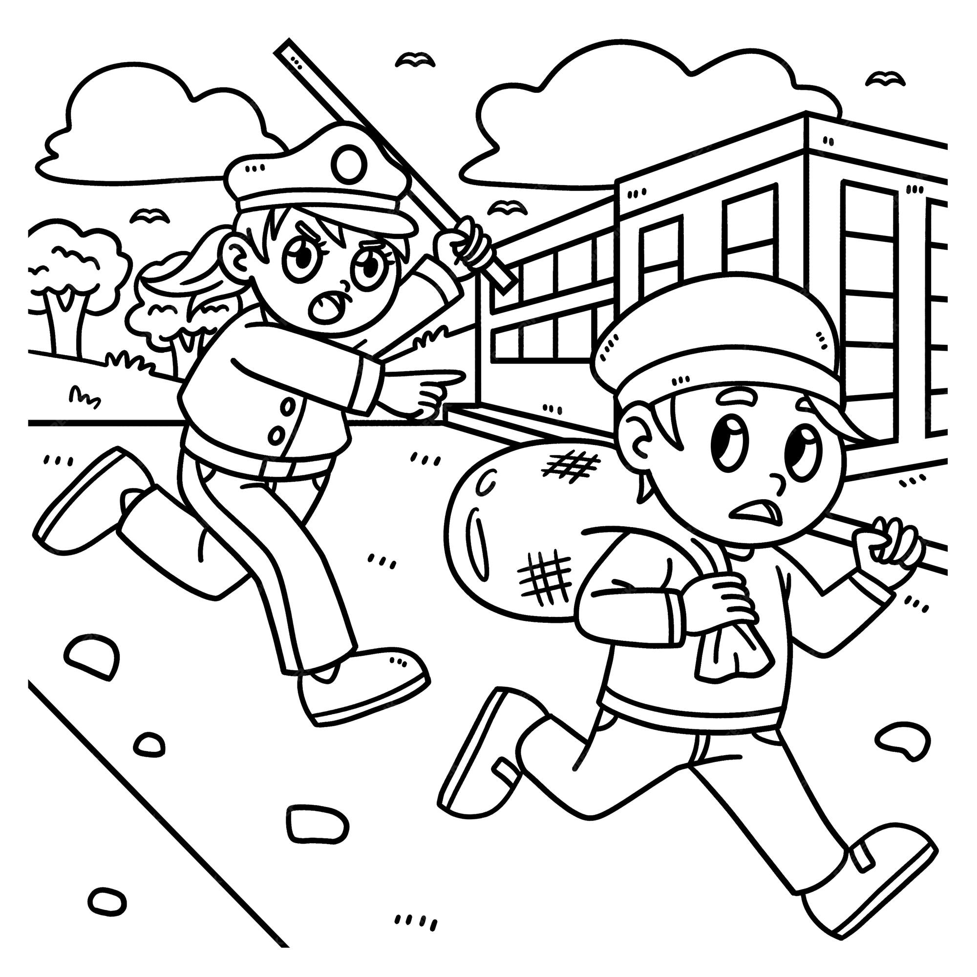 Mujer policía persiguiendo ladrón página para colorear | Vector Premium Mujer policía persiguiendo ladrón página para colorear | Vector Premium