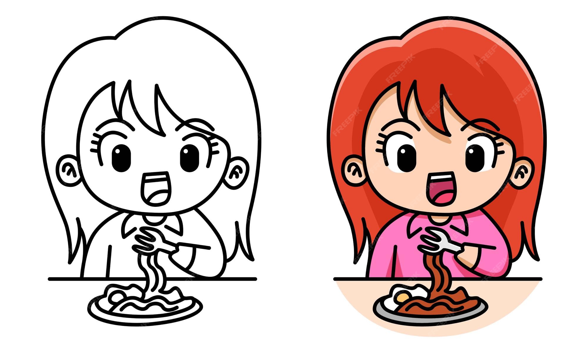 Niña Come Fideos Página Para Colorear Para Niños Vector Premium