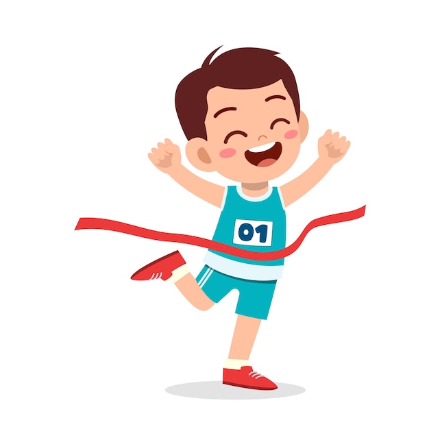 Niño Lindo Correr En Carrera De Maratón Y Ganar Vector Premium