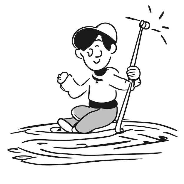 Niño pequeño de dibujos animados pescando en un río dibujado a mano ... Niño pequeño de dibujos animados pescando en un río dibujado a mano ...