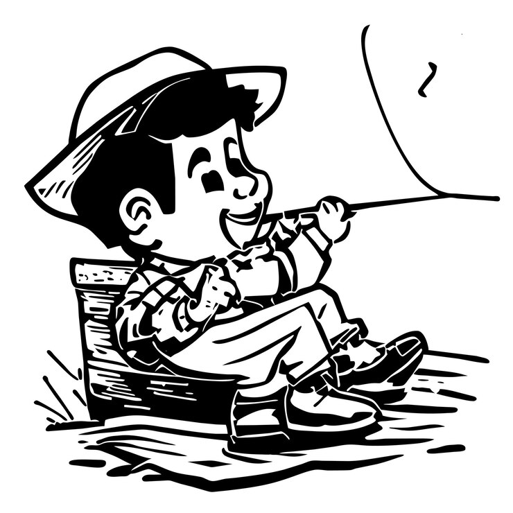Niño pequeño de dibujos animados pescando en un río dibujado a mano ... Niño pequeño de dibujos animados pescando en un río dibujado a mano ...