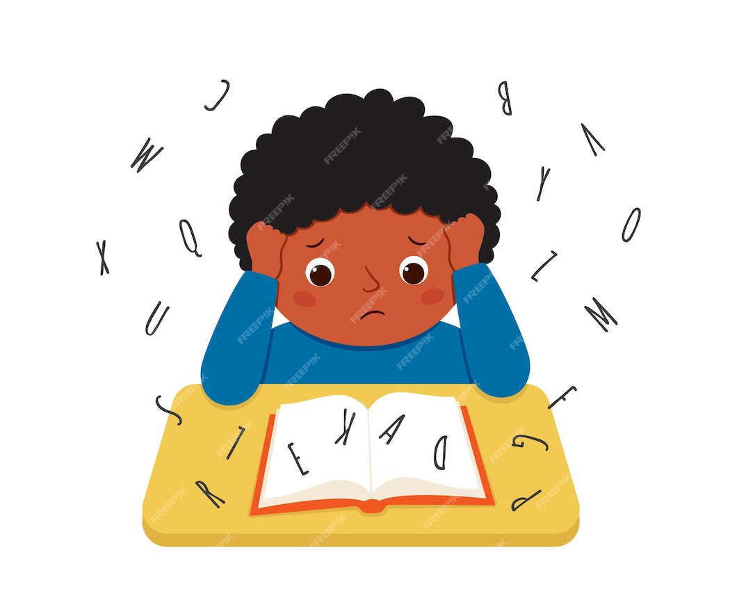 Un niño que sufre de dislexia tiene dificultades para leer un libro ... Un niño que sufre de dislexia tiene dificultades para leer un libro ...