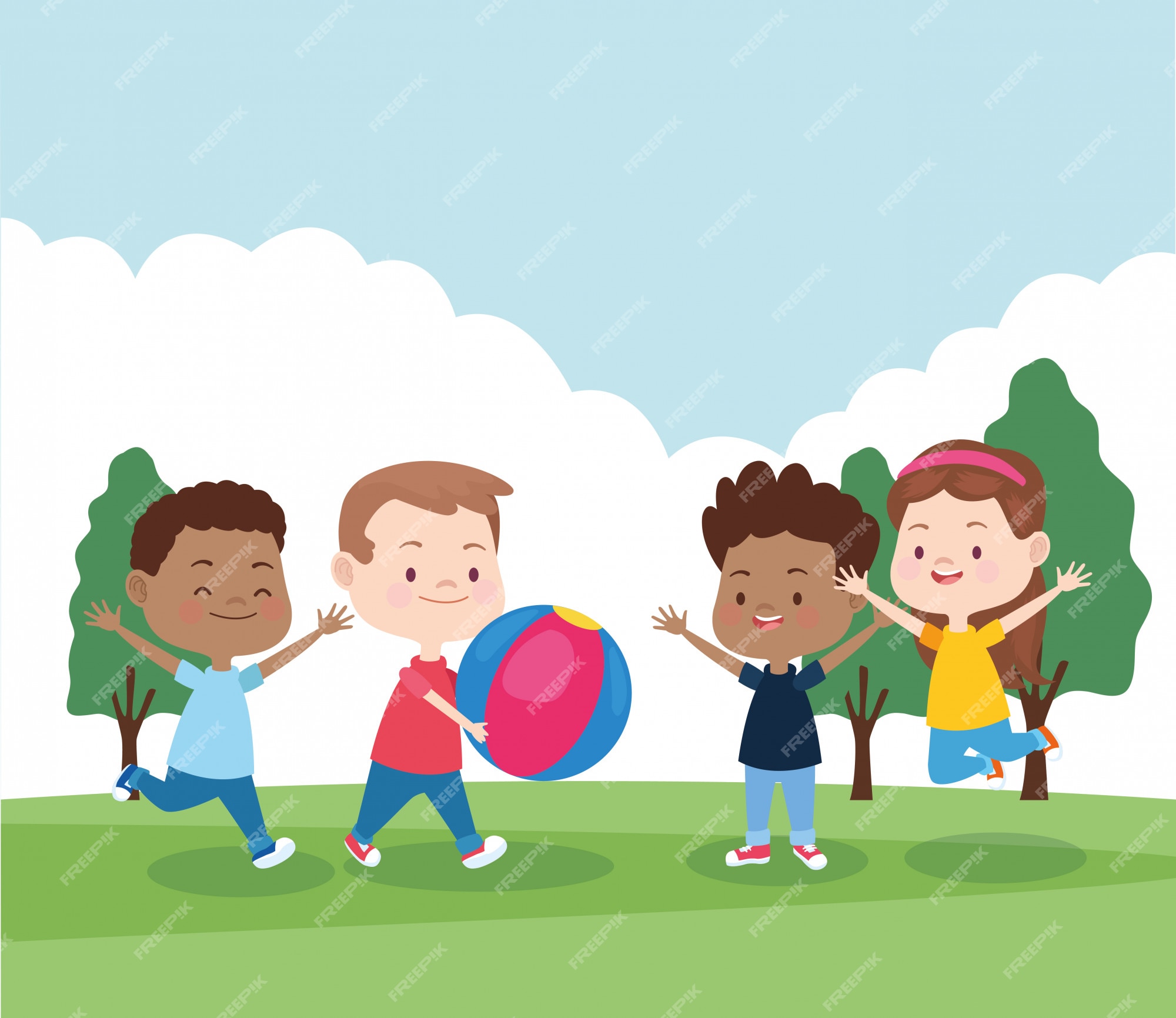 Niños felices de dibujos animados jugando en el parque | Vector Premium Niños felices de dibujos animados jugando en el parque | Vector Premium