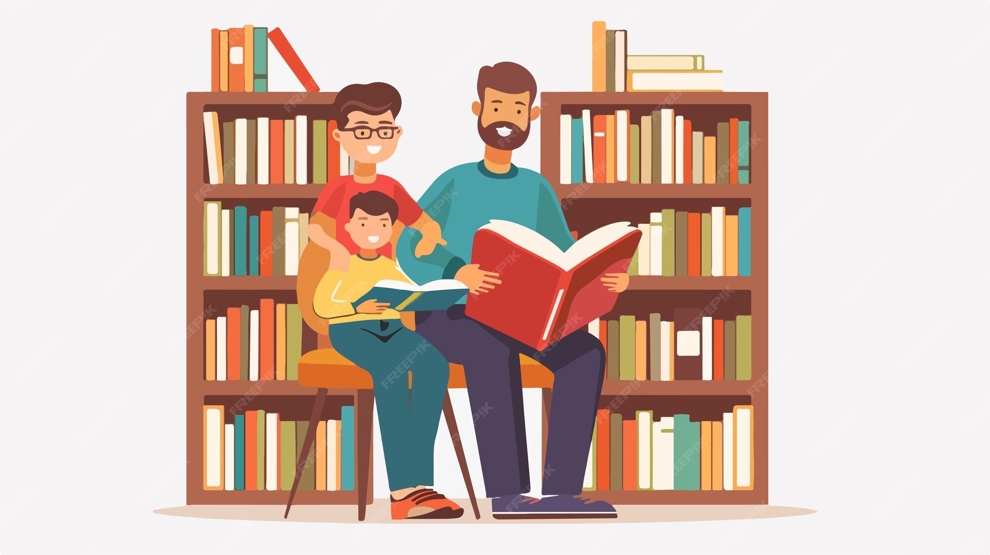Padre Con Hijos En La Biblioteca Estilo Plano Vector Aislado Vector Premium Generado Con Ia