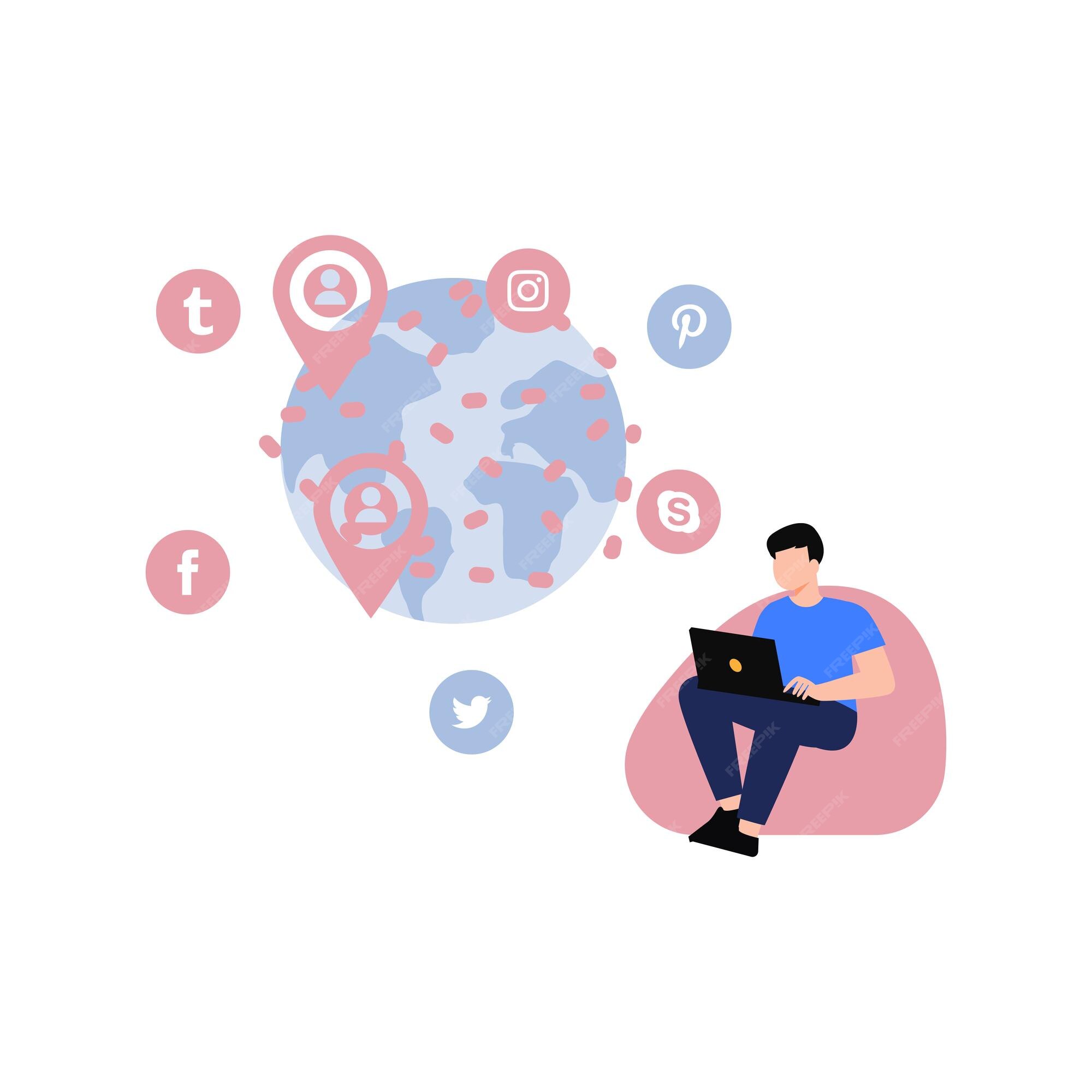 Este Tipo Está Usando La Red Social En Todo El Mundo Vector Premium