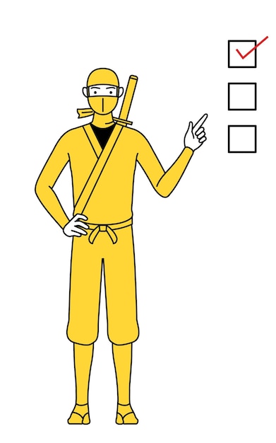 Ein als Ninja verkleideter Mann zeigt auf eine Checkliste | Premium Vektor Ein als Ninja verkleideter Mann zeigt auf eine Checkliste | Premium Vektor