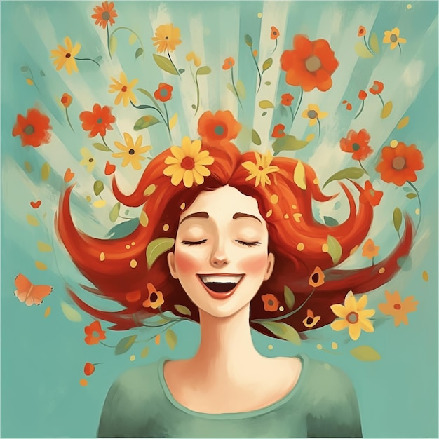 Ein Cartoon einer glücklichen Frau mit roten Haaren und Blumen auf dem ... Ein Cartoon einer glücklichen Frau mit roten Haaren und Blumen auf dem ...