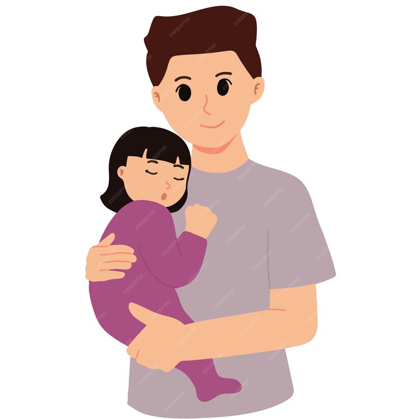 Ein vater, der seine kleine tochter trägt, während er eine illustration ... Ein vater, der seine kleine tochter trägt, während er eine illustration ...