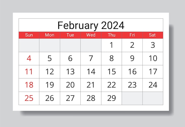 Februar 2024 ENGLISCHER Monatskalender Vektor druckbare Illustration ... Februar 2024 ENGLISCHER Monatskalender Vektor druckbare Illustration ...