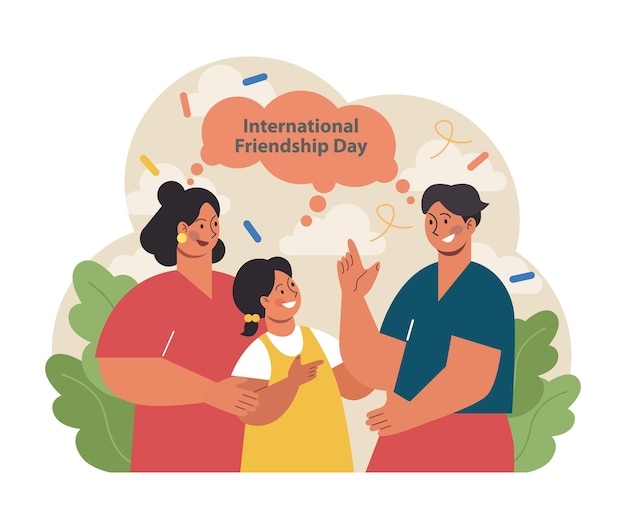 Fröhliche Charaktere feiern den Internationalen Tag der Freundschaft ... Fröhliche Charaktere feiern den Internationalen Tag der Freundschaft ...