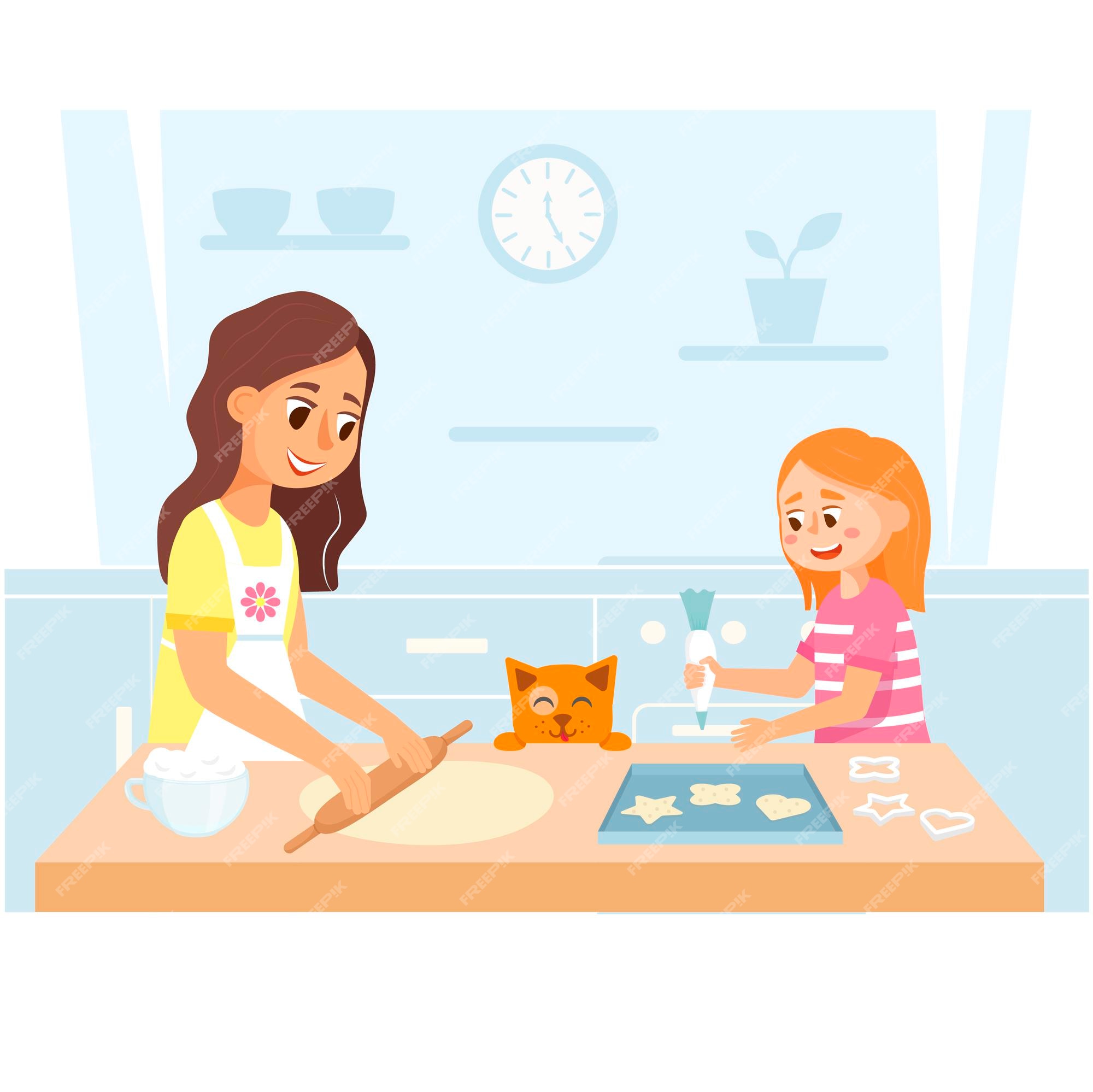 Mutter und Tochter backen gemeinsam Kekse in der Küche. Startseite ... Mutter und Tochter backen gemeinsam Kekse in der Küche. Startseite ...