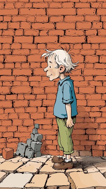 Niedlicher junge-cartoon-charakter mit mauerwerk im hintergrund ... Niedlicher junge-cartoon-charakter mit mauerwerk im hintergrund ...