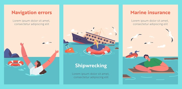 Schiffswrack-Cartoon-Banner Schockierte Menschen versuchen, im Ozean ... Schiffswrack-Cartoon-Banner Schockierte Menschen versuchen, im Ozean ...