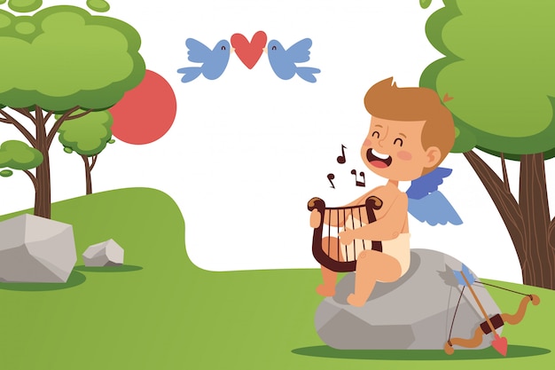 Bebê do cupido que canta e que joga a harpa do anjo, ilustração. lindo ... Bebê do cupido que canta e que joga a harpa do anjo, ilustração. lindo ...